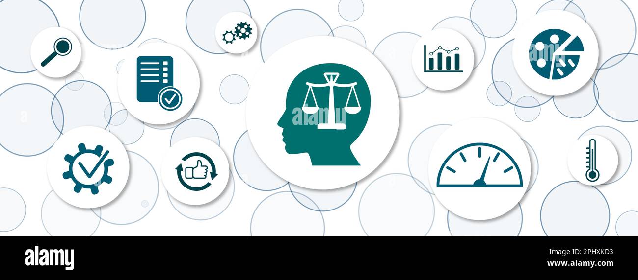 Concept of assessment with icons on circles Stock Photo - Alamy