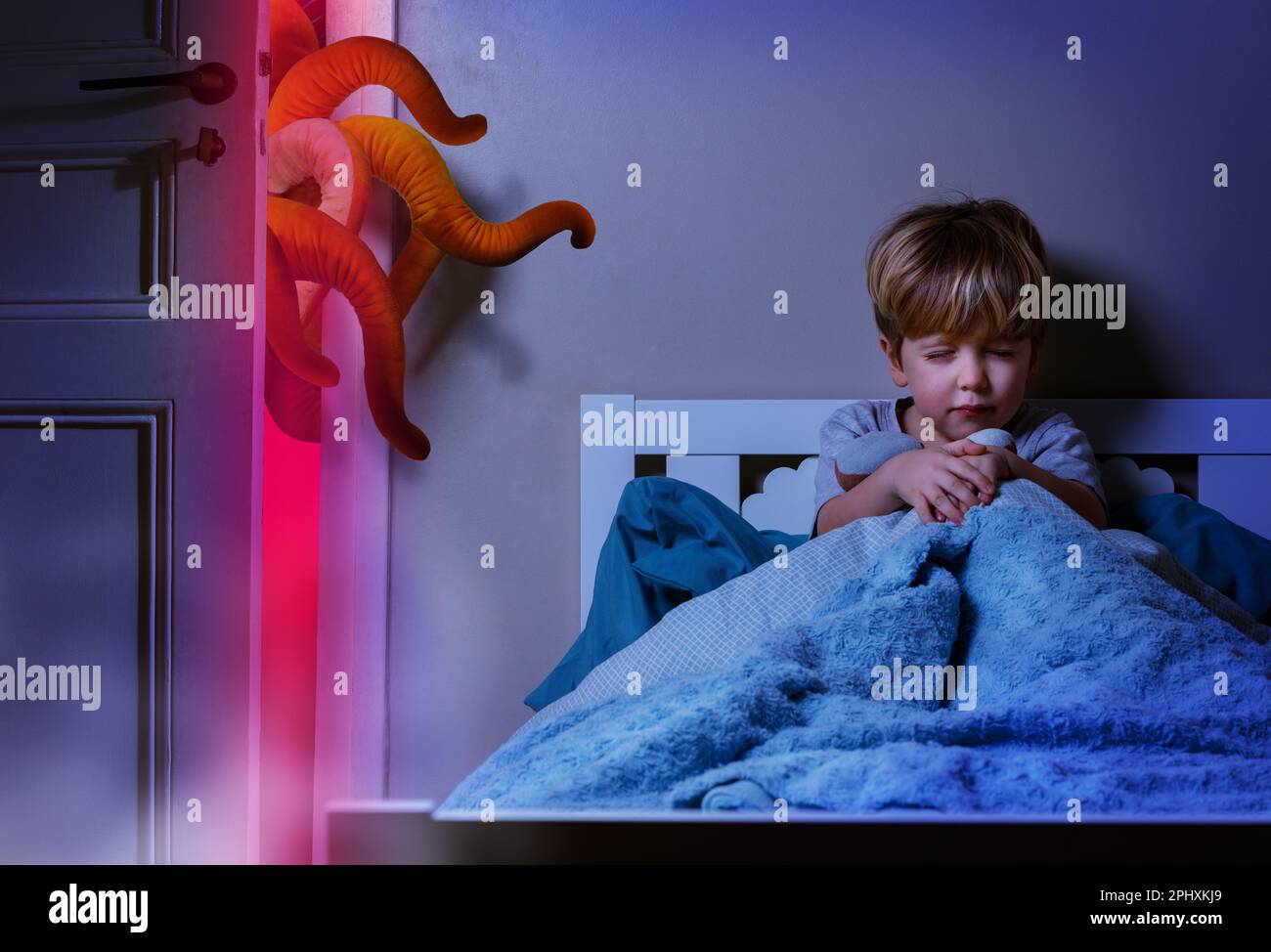 Little boy in bedroom close eyes not to see nightdream monster Stock ...