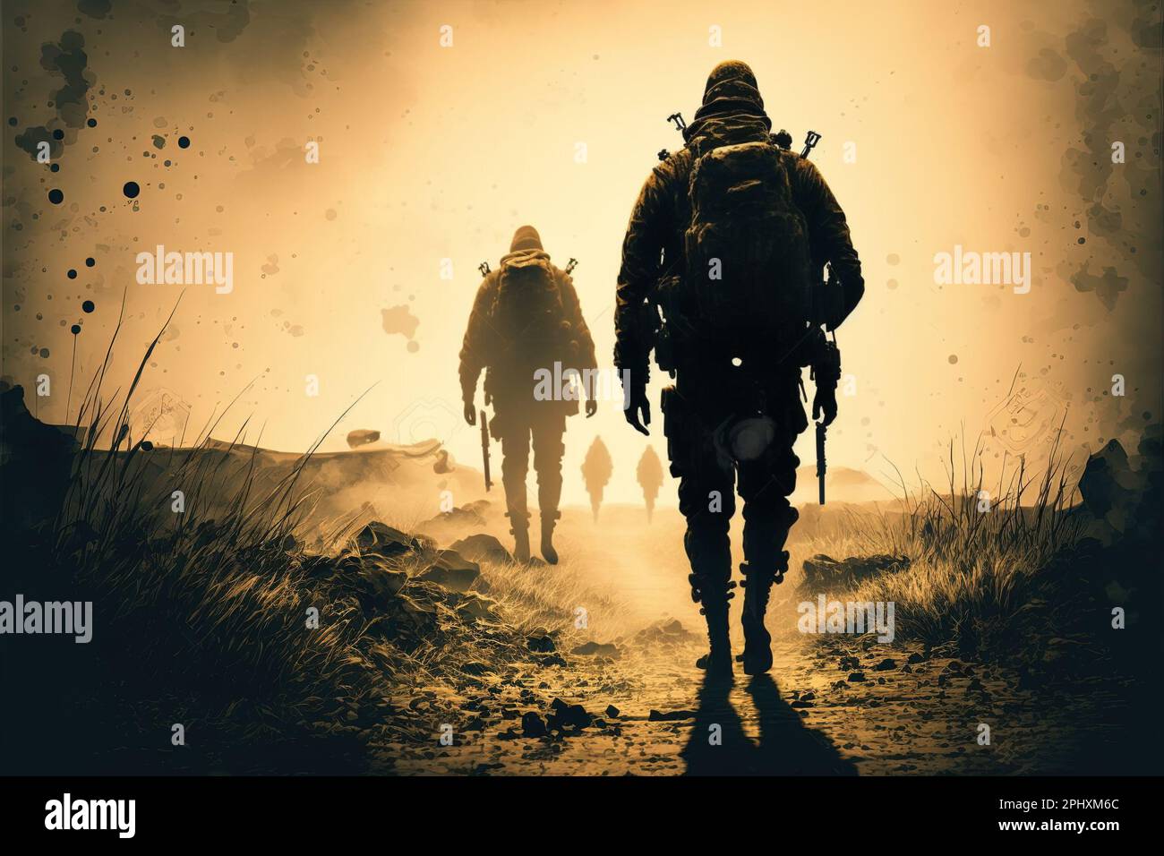 One soldier on battlefield, fire and smoke clouds in background Stock ...