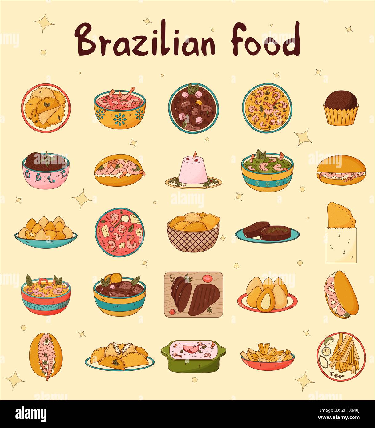 Set of Brazilian traditional food. Vector illustration in hand drawn ...