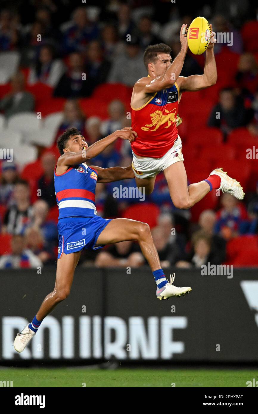 Brandon Starcevich of the Lions and Arthur Jones of the Bulldogs ...