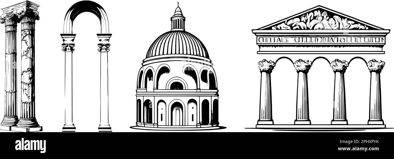Basic elements of Greek architecture.Set of vector illustrations of ...
