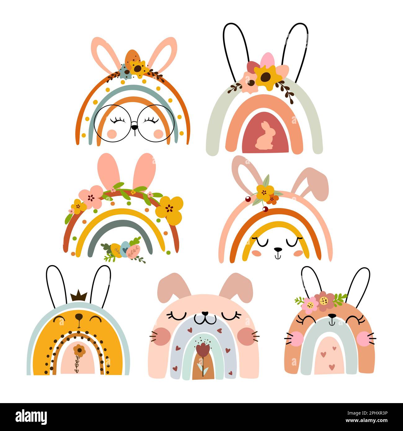 Happy Easter kids bunny rainbows collection. Vector illustration Stock ...