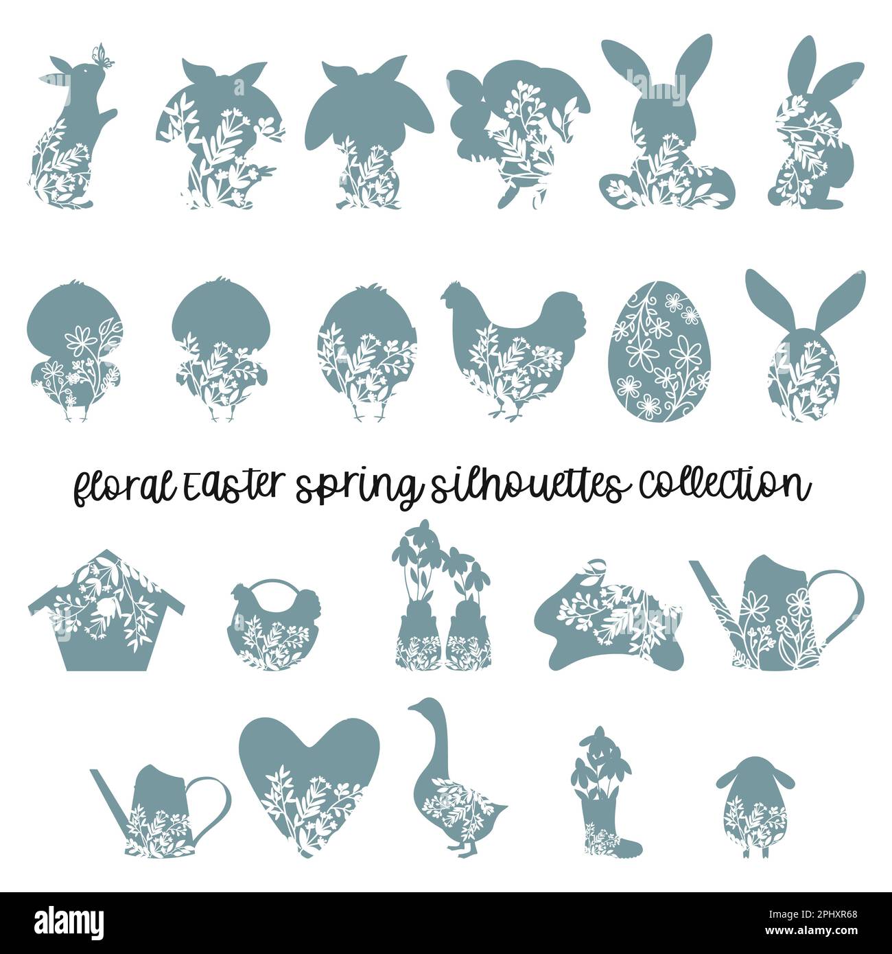 Happy Easter plants and animals floral silhouettes. Vector illustration ...