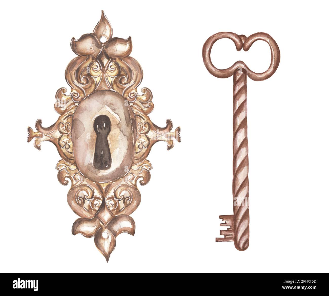 Watercolor retro style key and lock illustration set. vintage key ...