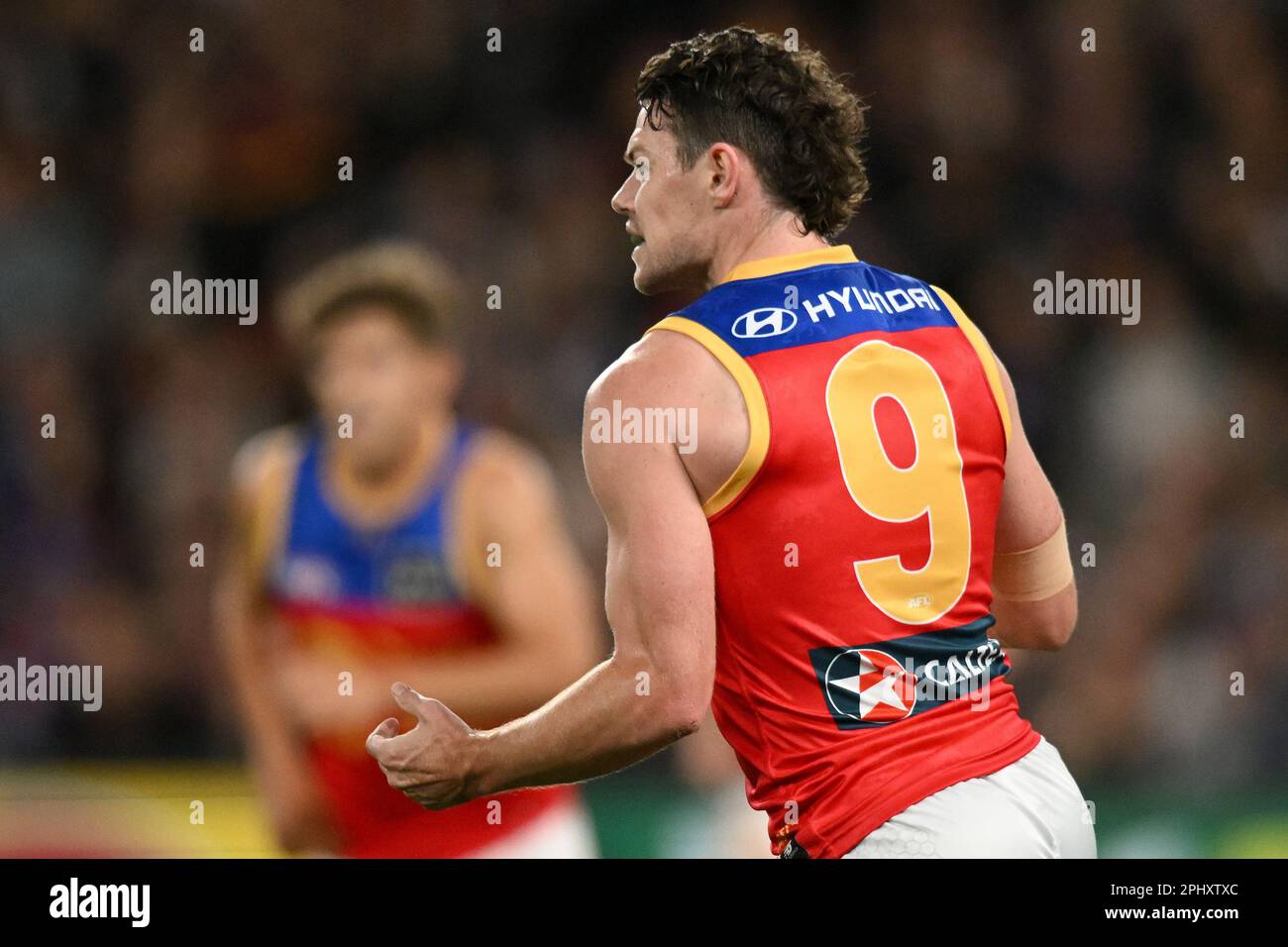 Lachie Neale of the Lions celebrates a goal during the AFL Round 3 ...