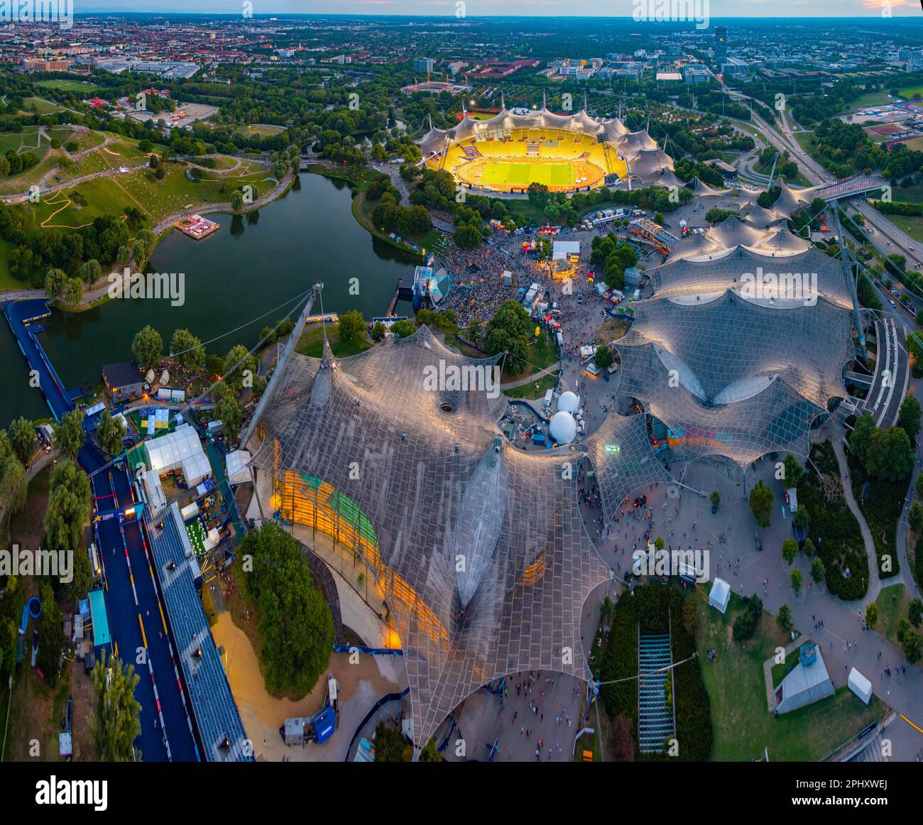 Aerial view of olympiapark and the olympiaturm olympic tower munich hi ...