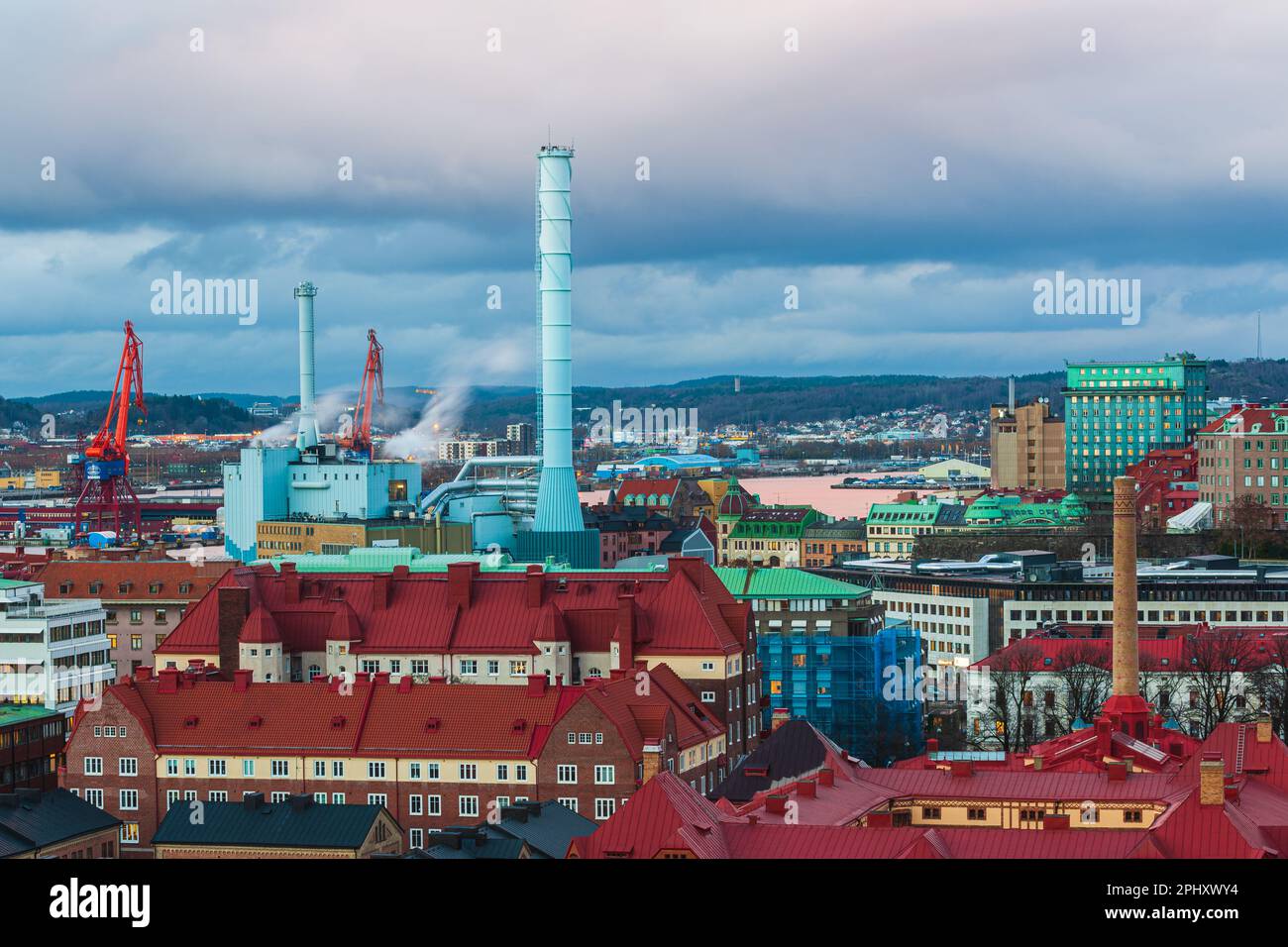 The bustling port of Gothenburg, Sweden is dotted with industrial ...