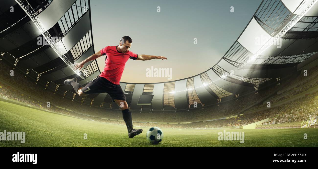 Young man, professional football player in motion during game ...