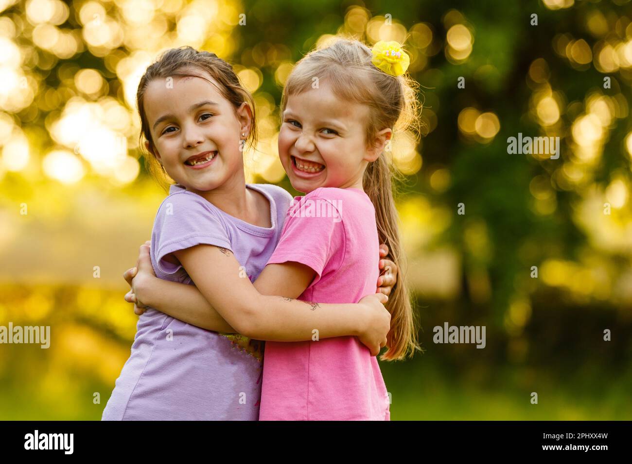 Two happy little sisters on the field Stock Photo - Alamy