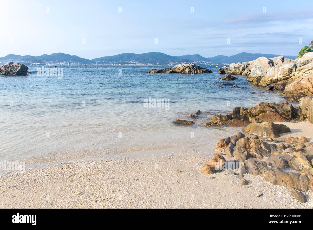 Landscape of Samil beach and coastline of Rias baixas in Galicia, at ...