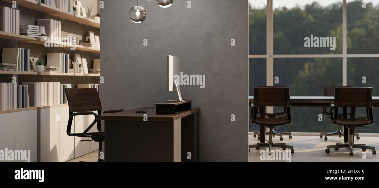 Side view, Modern office workspace with computer desk against the ...