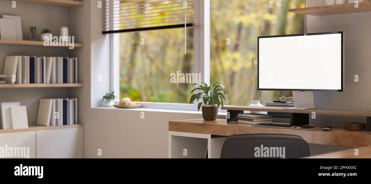 Close-up side view of a modern contemporary home office workspace ...