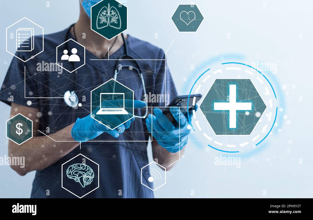 Medical technology concept. the doctor presses virtual Stock Photo - Alamy