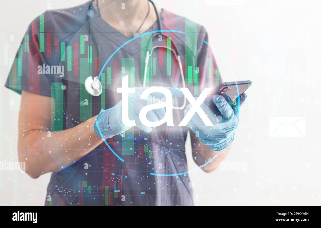 Doctor using innovative virtual touchscreen presses tax button healthcare network on internet ...