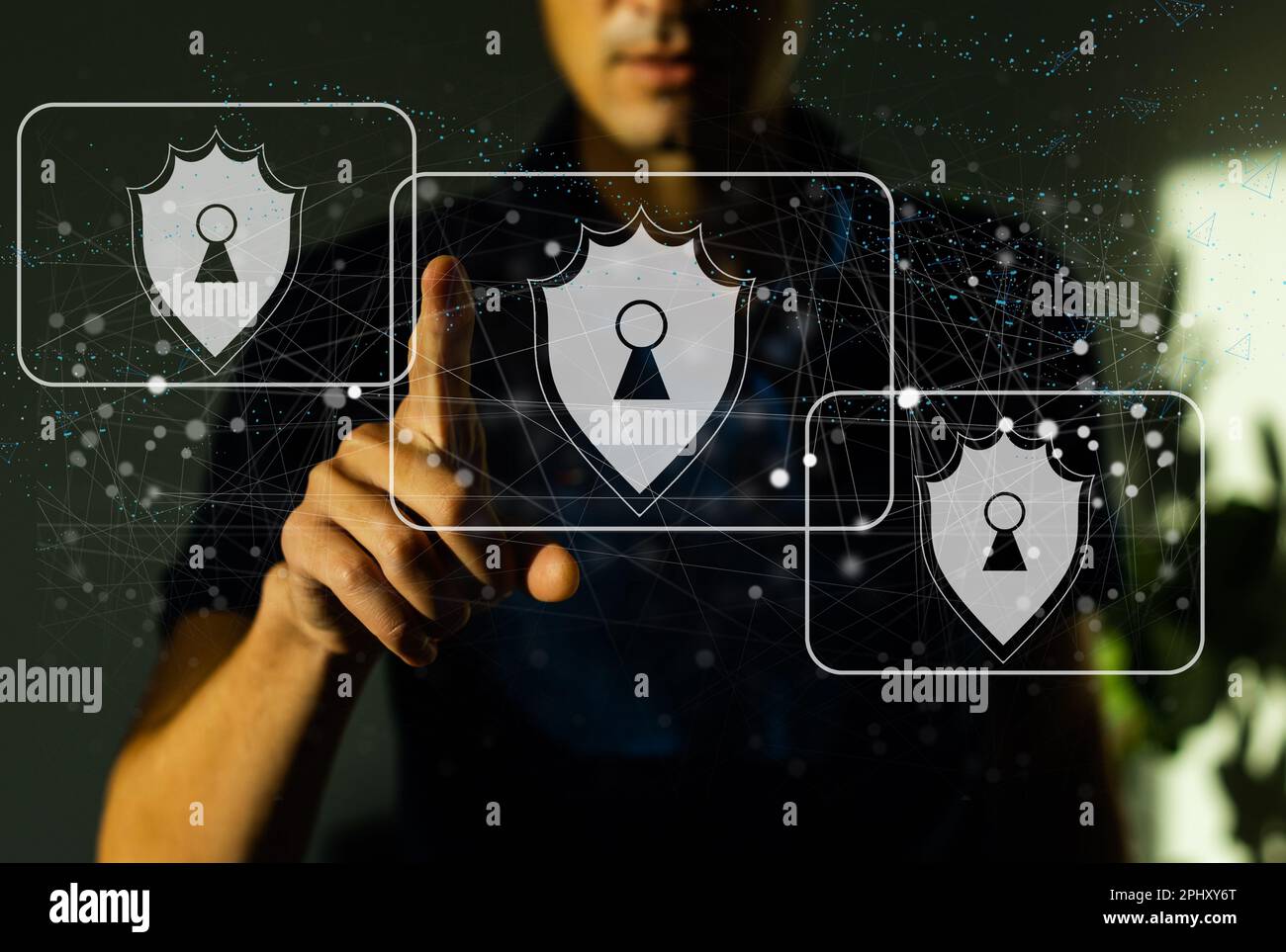 Businessman using shield protect icon, virtual screen interface, data ...