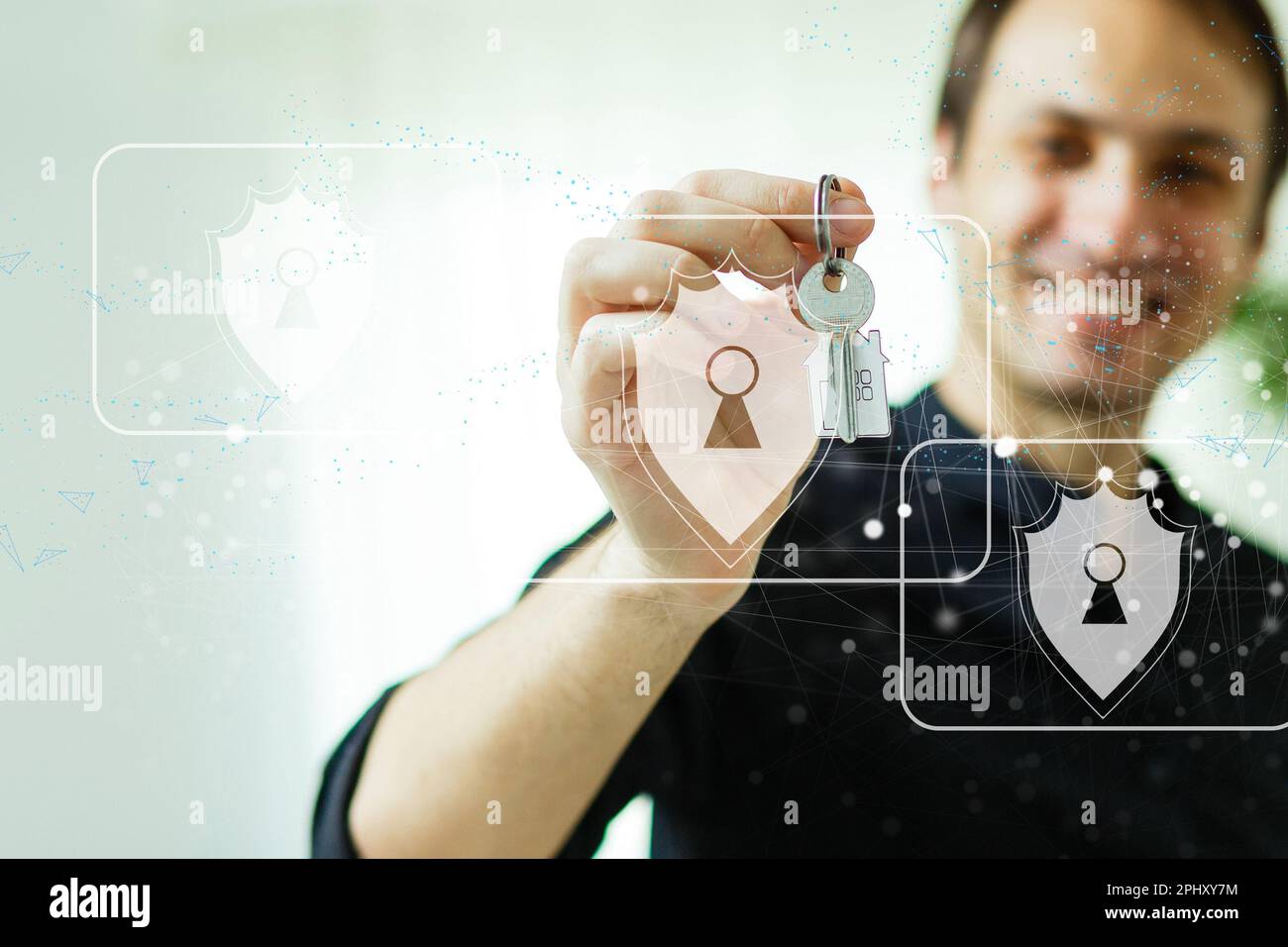 Businessman using shield protect icon, virtual screen interface, data ...