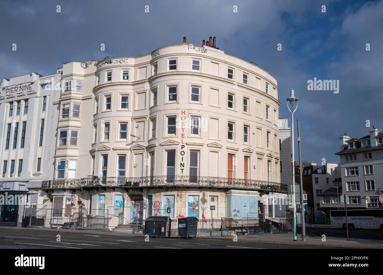 The empty Hostel Point with graffiti at top of building on Brighton ...