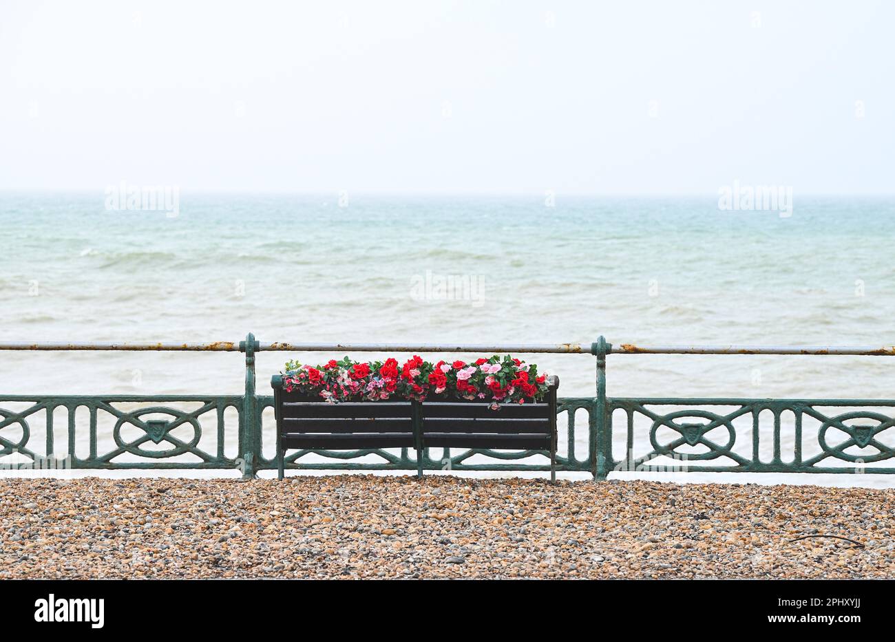 A memorial bench on Hove seafront has been decorated with flowers ...