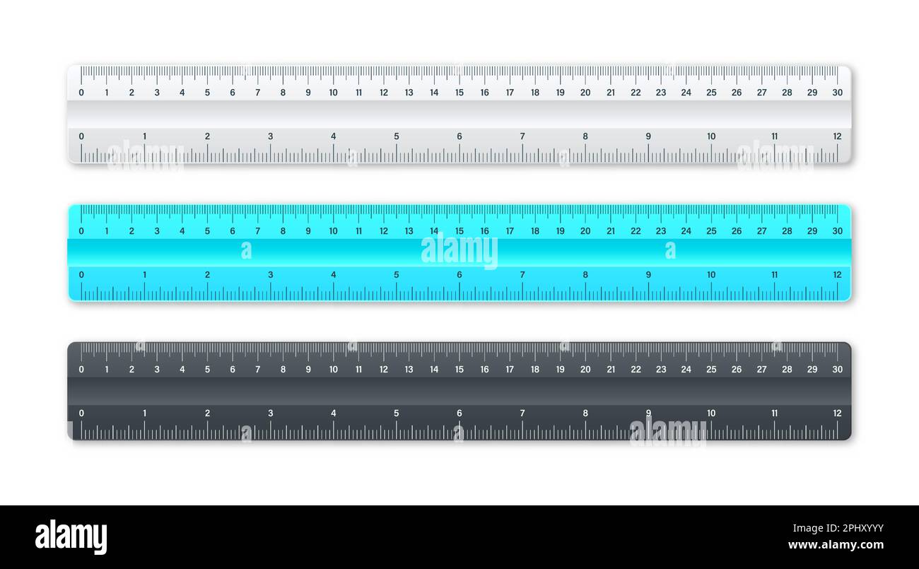 Realistic various plastic rulers with measurement scale and divisions ...