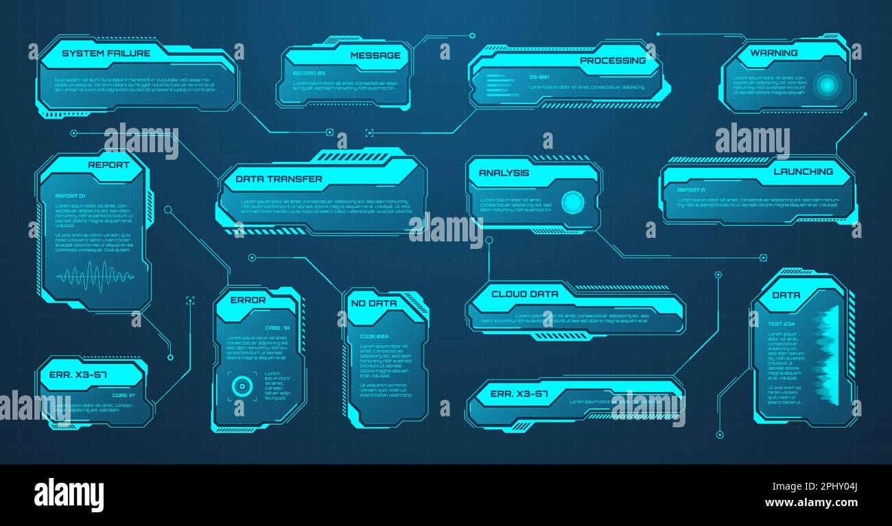 Blue futuristic HUD or UI elements. Sci-fi user interface text boxes, callouts. Warning message ...