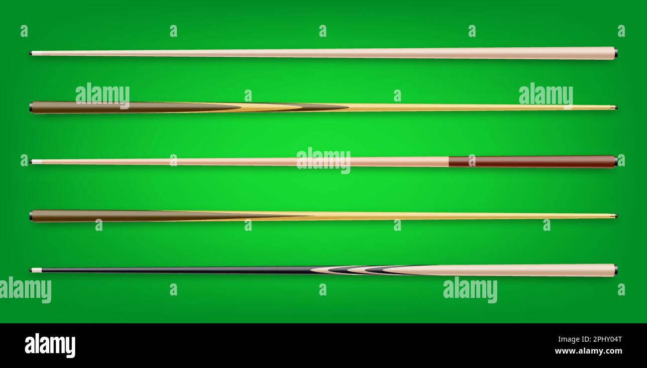 Various wooden billiard cues on green background. Snooker sports equipment. Vintage pool cue ...