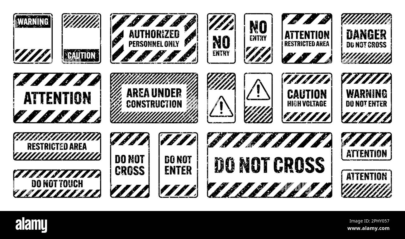 Various black grunge warning signs with diagonal lines. Old attention ...