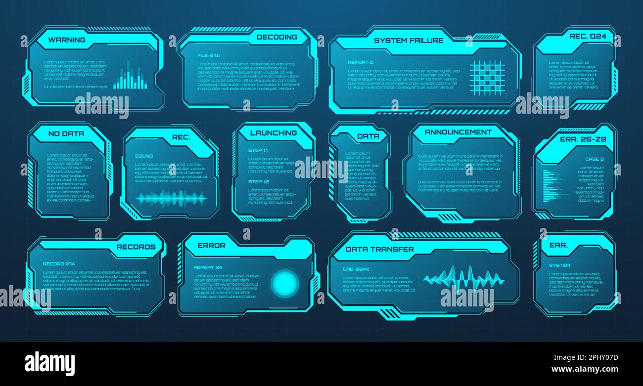 Blue futuristic HUD or UI elements. Sci-fi user interface text boxes, callouts. Warning message ...