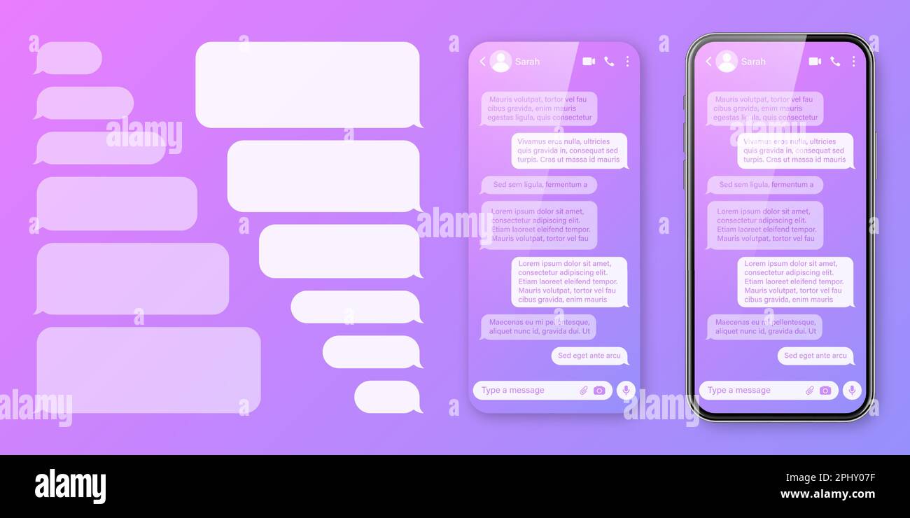 Realistic smartphone with messaging app on colorful violet background ...
