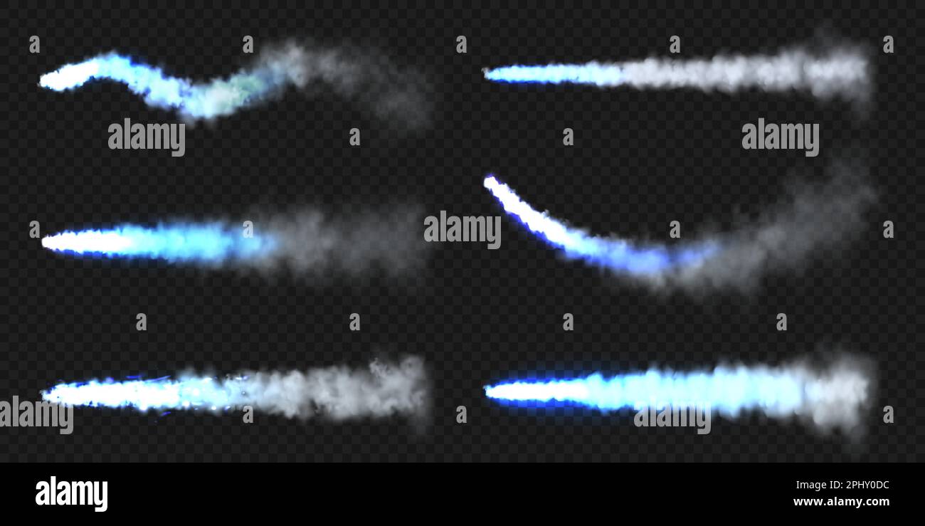 Realistic blue space rocket trails. Festive fireworks launch. Fire ...