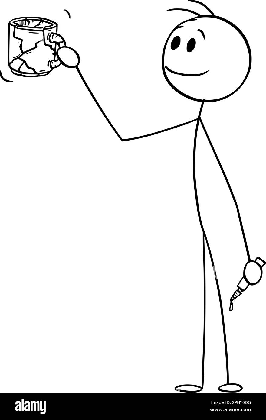 Person repairing cup with glue at home, vector cartoon stick figure or ...