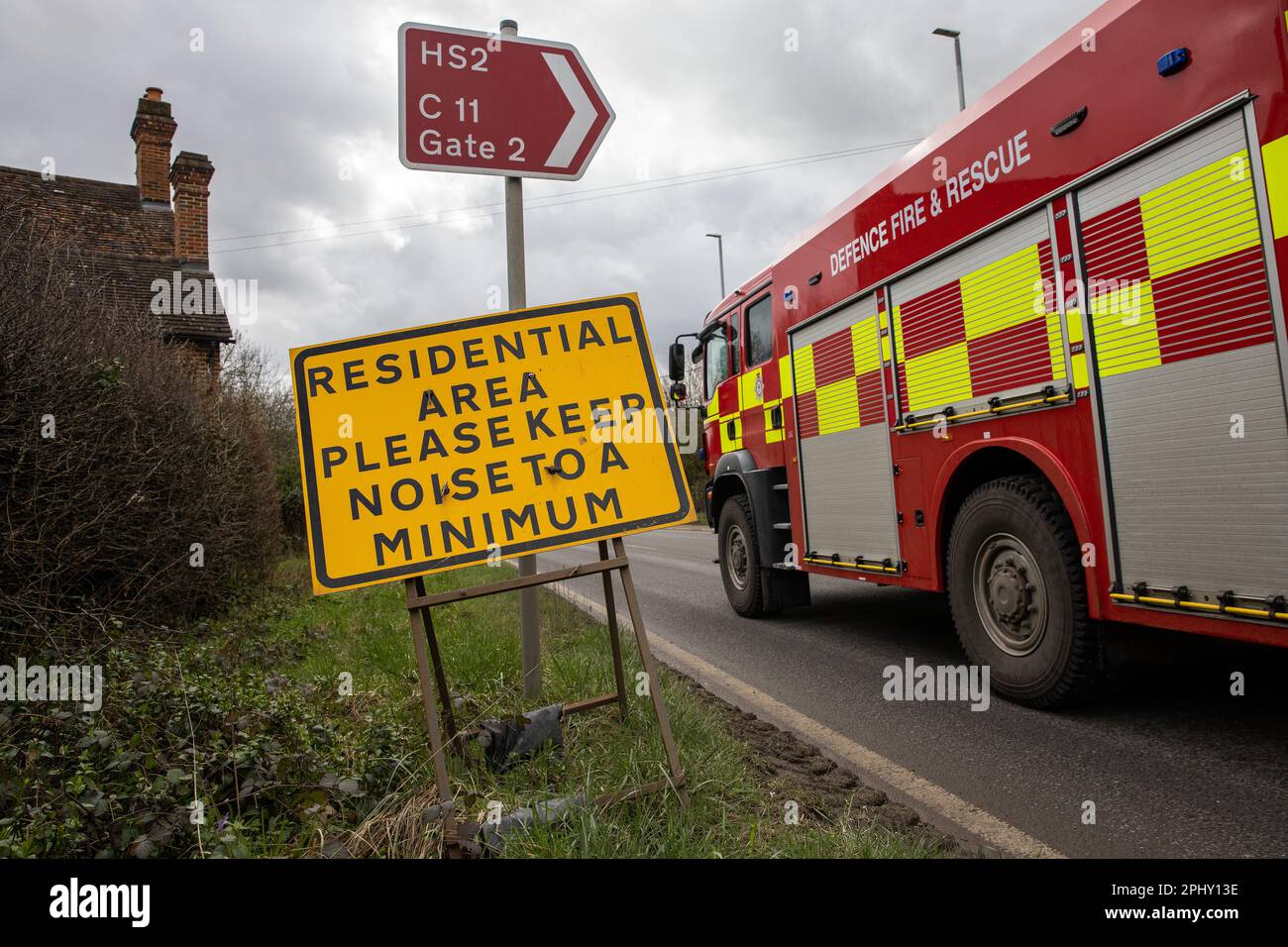 Harefield, UK. 21st March, 2023. A Defence Fire & Rescue vehicle passes ...
