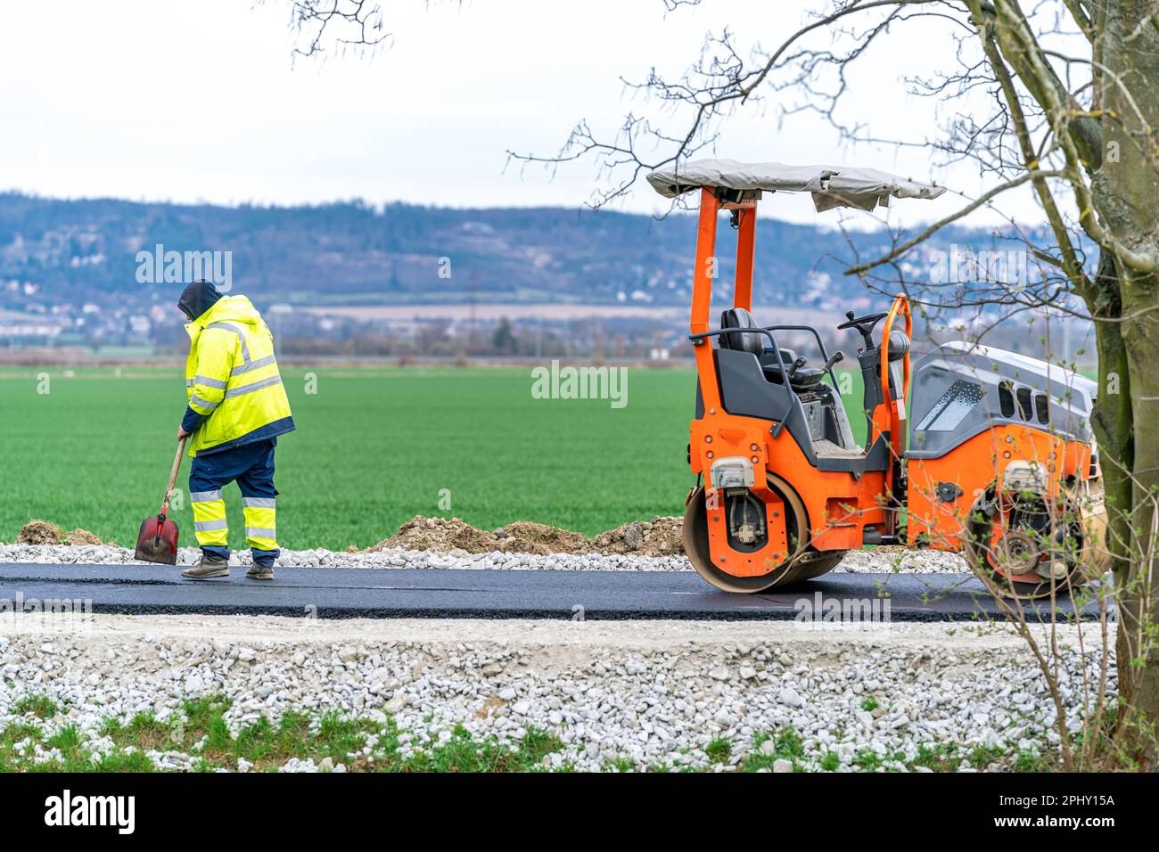 roller for asphalt compaction during the construction of a new road and ...