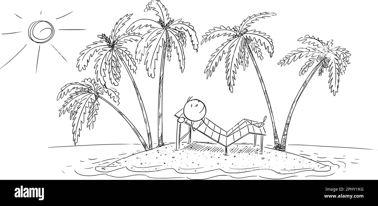 Person enjoying vacation alone on tropical island, vector cartoon stick ...