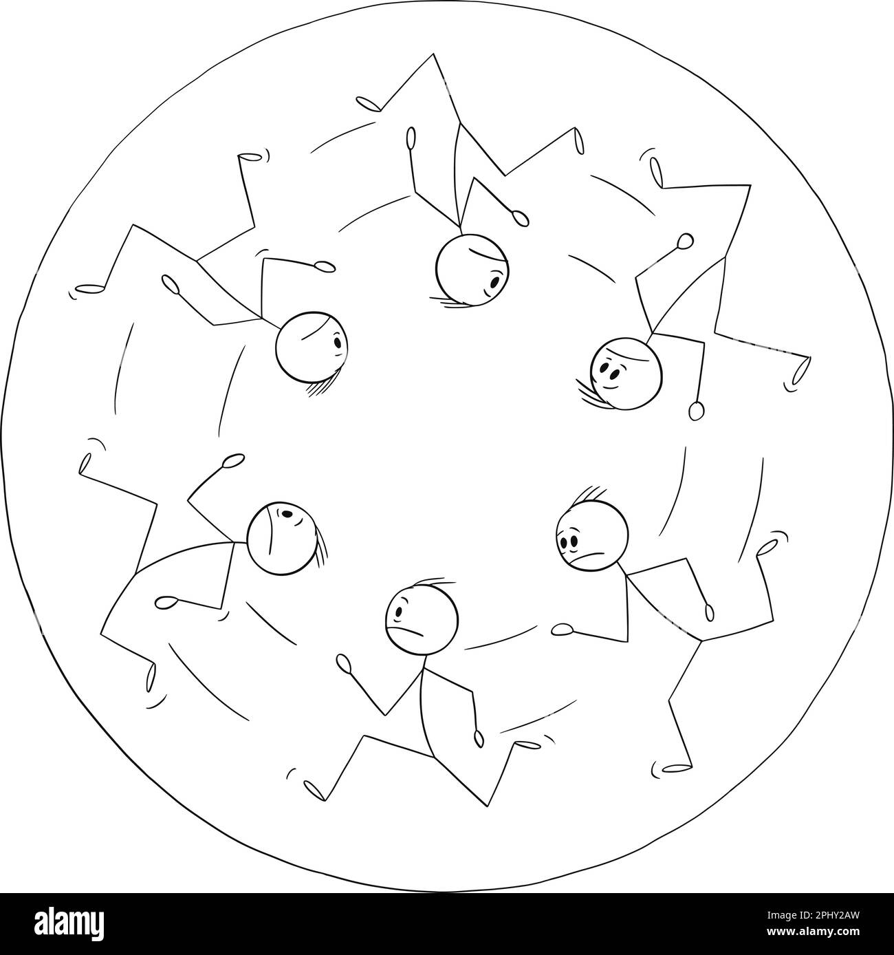 Persons in fear running in circle caught inside, vector cartoon stick ...