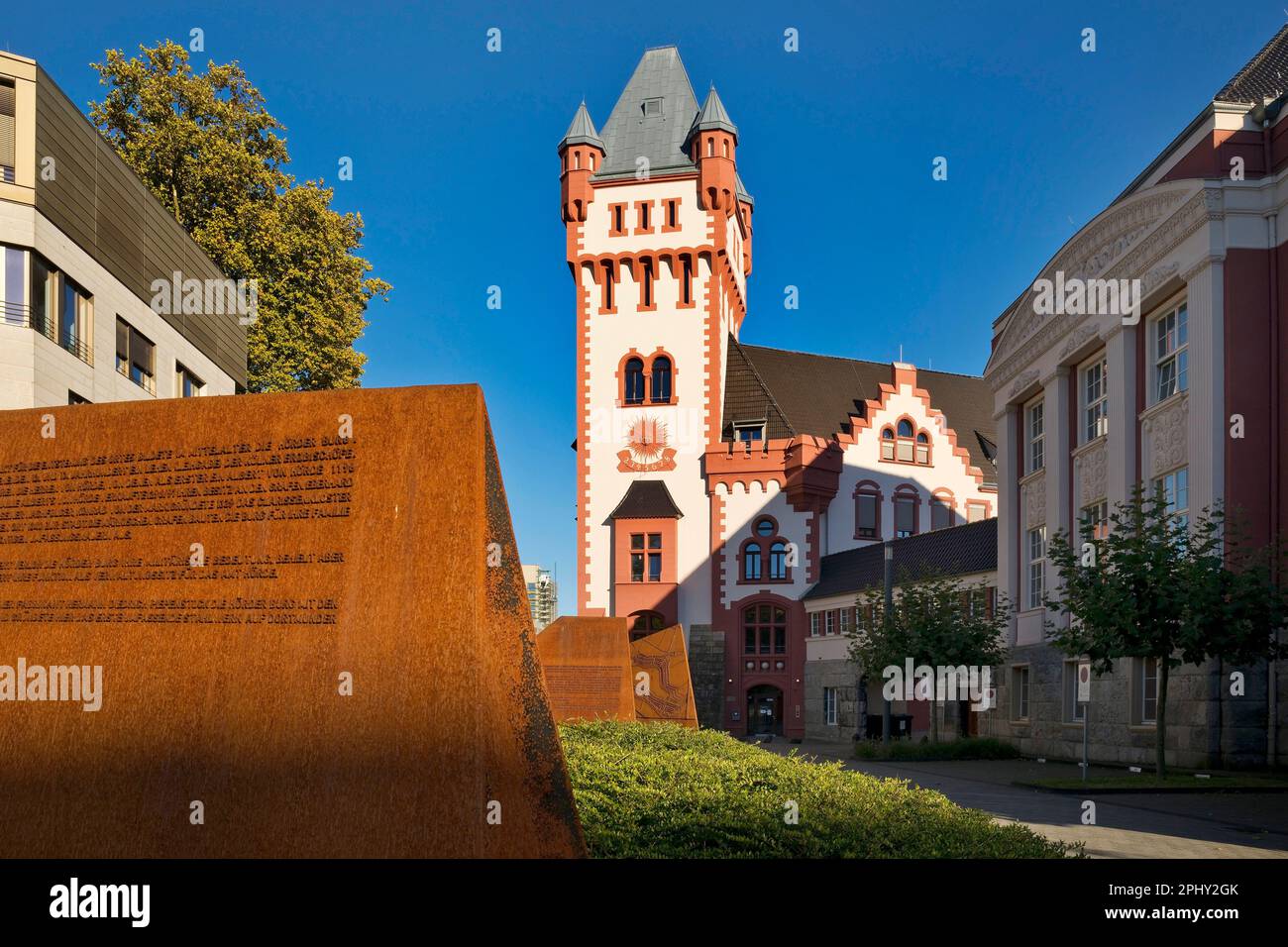 Hoerde Castle at the Lake Phoenix in Dortmund, castle tower with a new ...