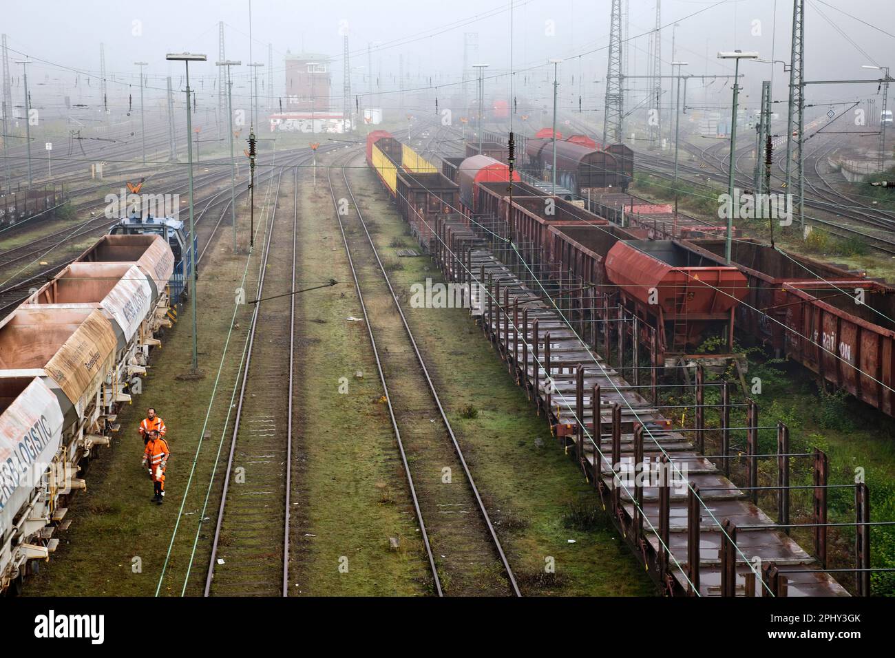 switchyard in morning mist, freight; trains in Hagen-Vorhalle, Germany ...