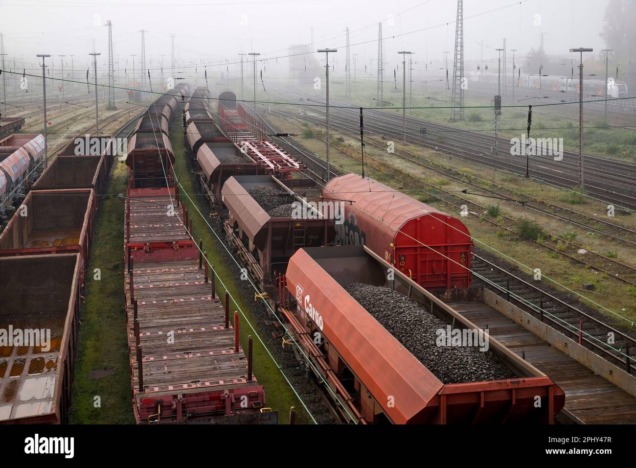switchyard in morning mist, freight; trains in Hagen-Vorhalle, Germany ...