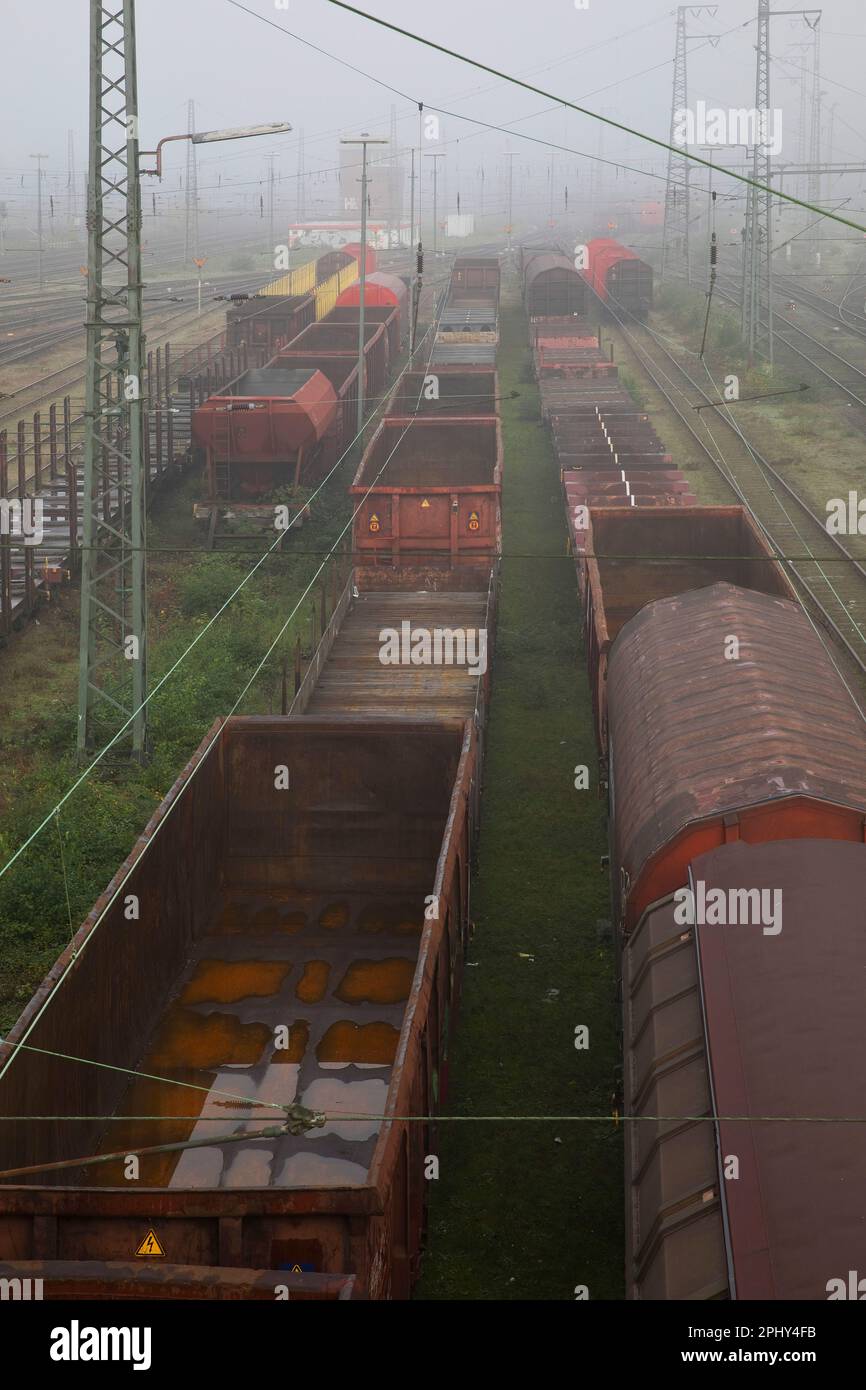 switchyard in morning mist, freight; trains in Hagen-Vorhalle, Germany ...
