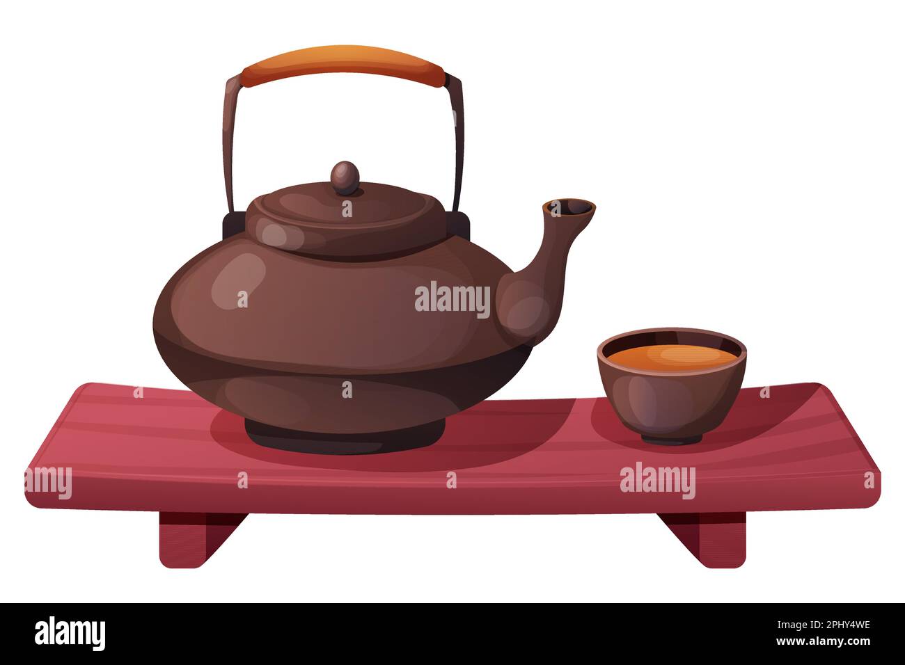 Traditional Japanese kettle or teapot with cups on wooden table, tea ...