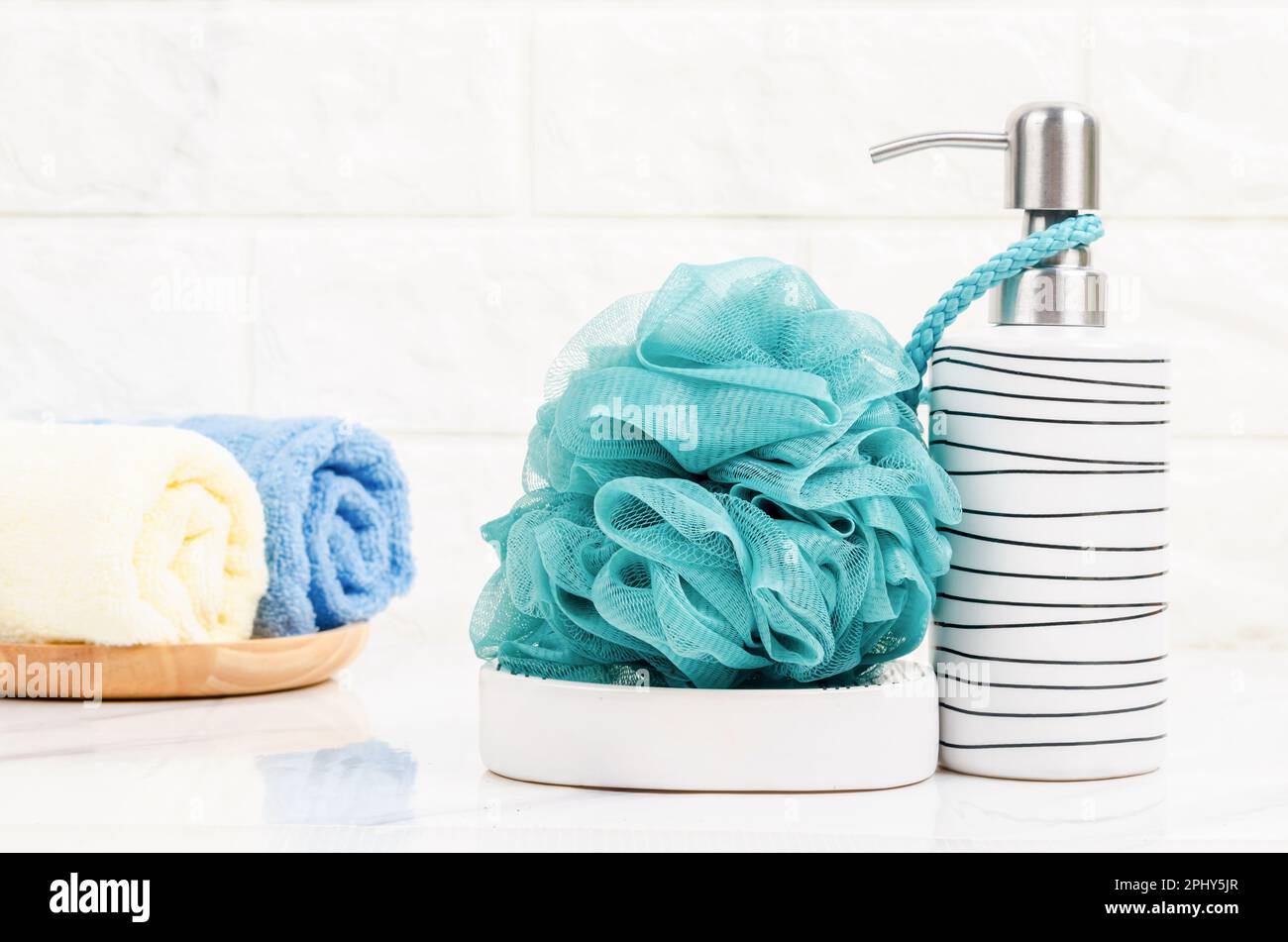 Shower sponge and shampoo pump bottle inside a bright bathroom ...