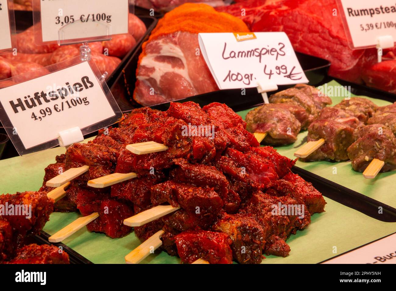 Meat counter of an organic butchery in the Palatinate region of Germany ...