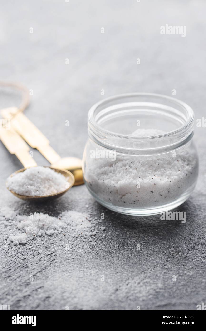 Jar of Italian black truffle sea. Healthy food concept. Speciality salt ...
