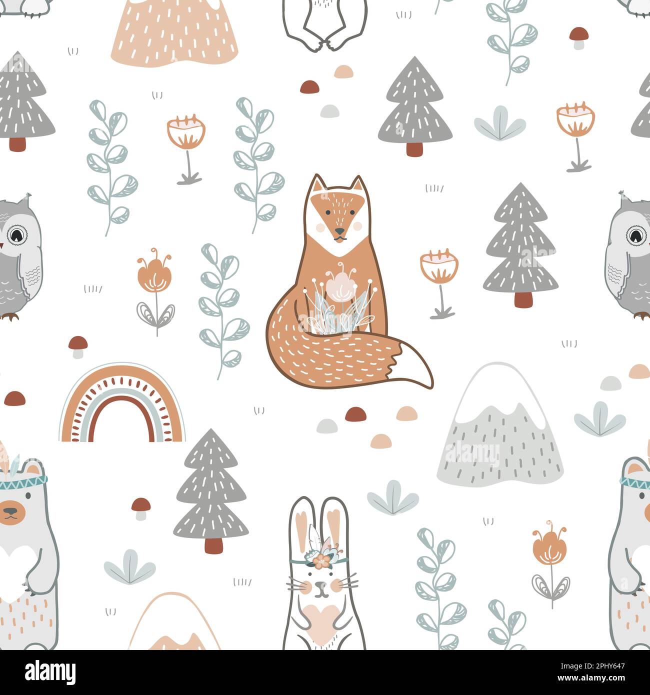 Seamless nursery pattern with forest animals. Kids cute print in boho ...