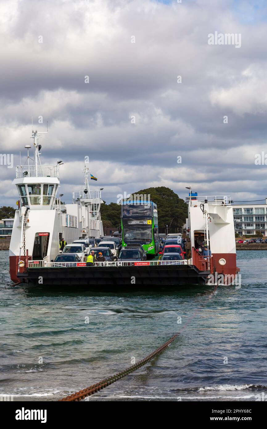 Vehicles crossing on chain ferry between Sandbanks and Studland in ...