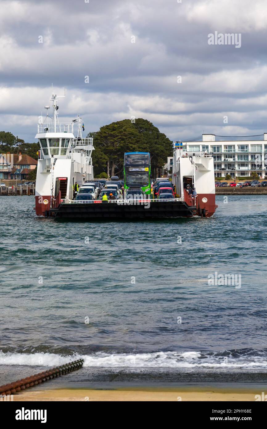 Vehicles crossing on chain ferry between Sandbanks and Studland in ...