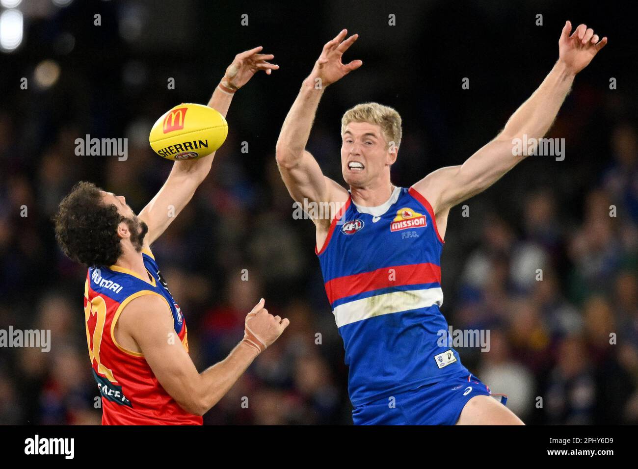 Darcy Fort of the Lions and Tim English of the Bulldogs compete in the ...