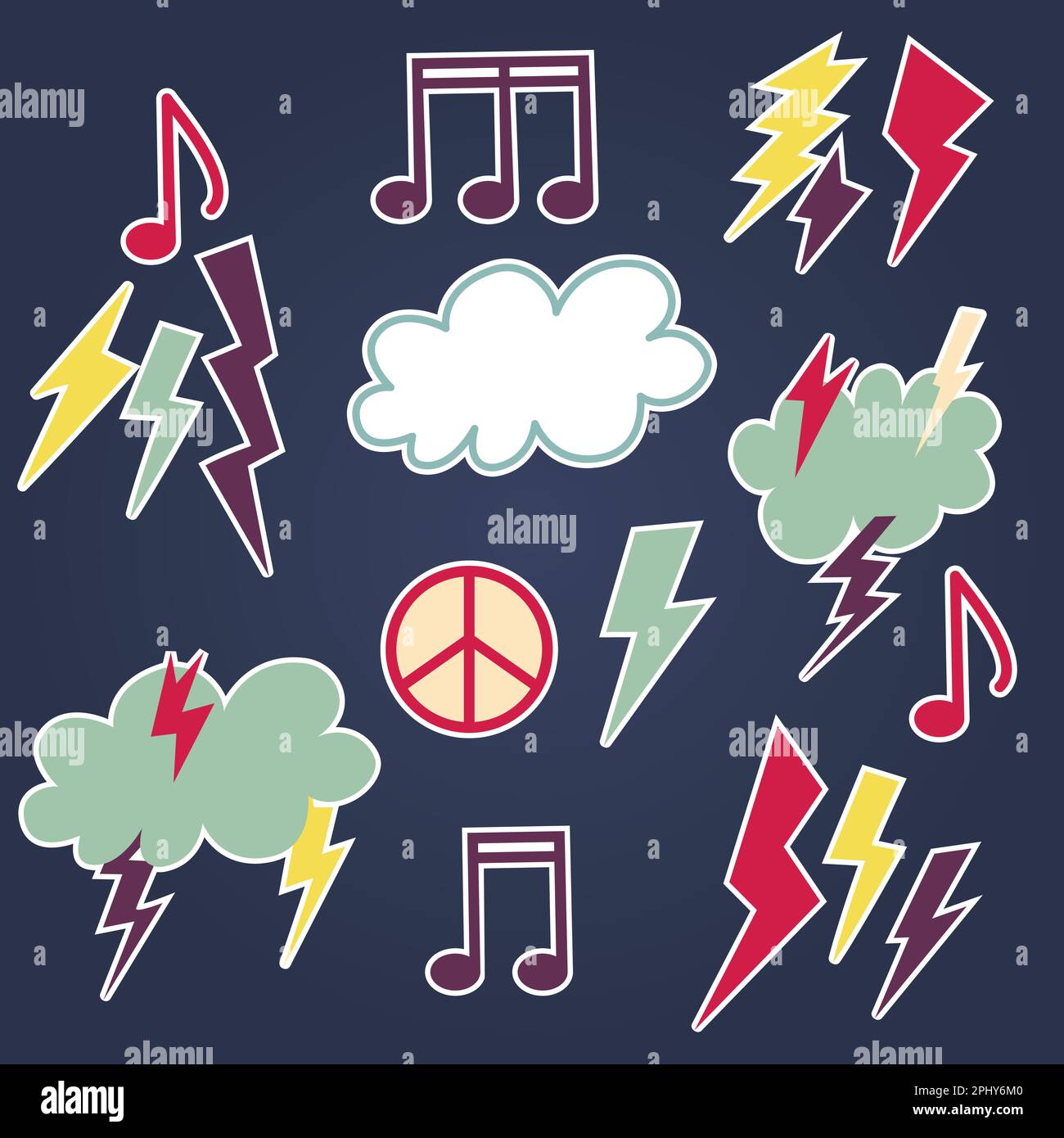 Collection stickers of groove psychedelic music elements. Retro design ...