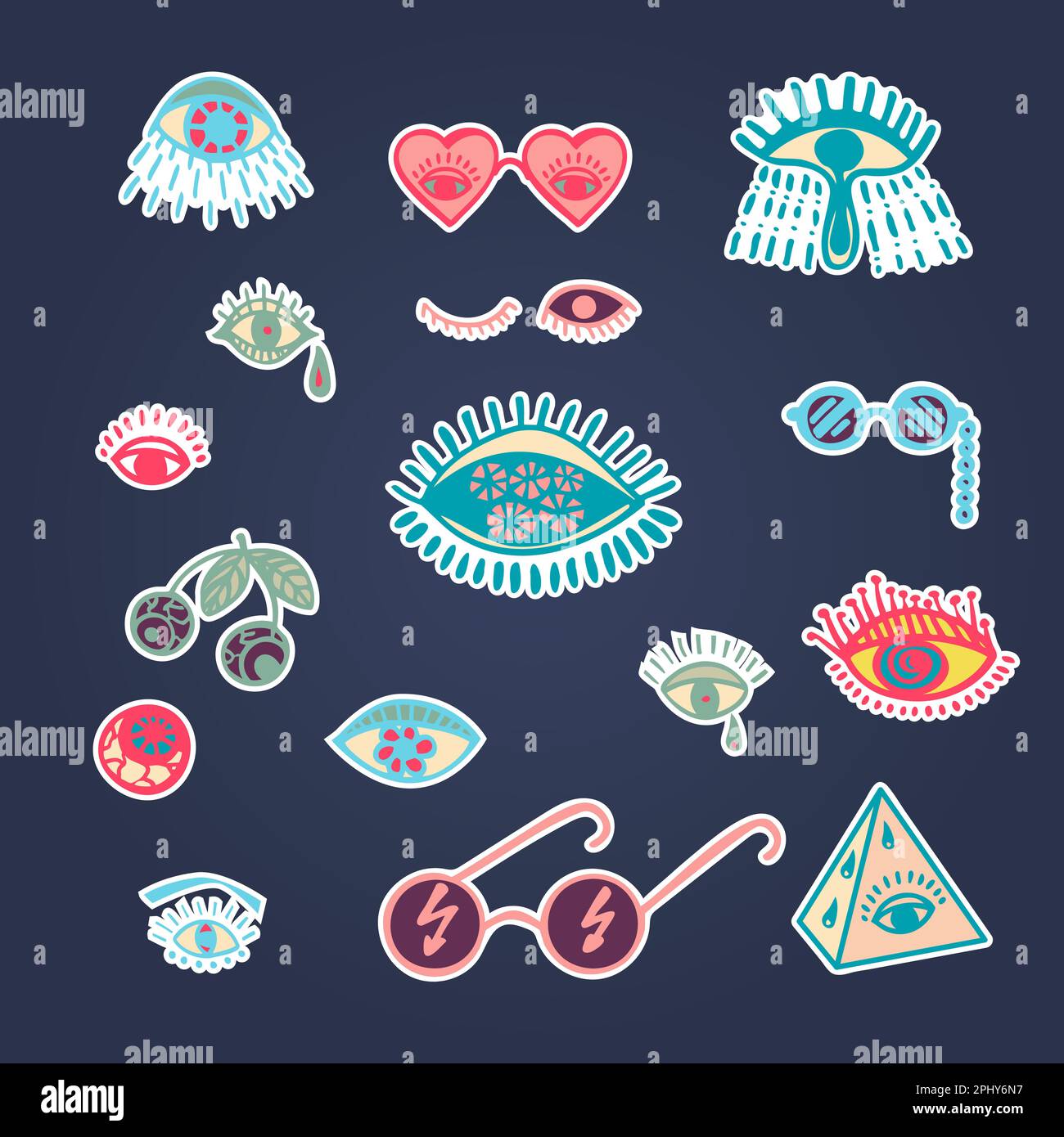 Collection stickers of groove psychedelic eye Retro design of hipster ...