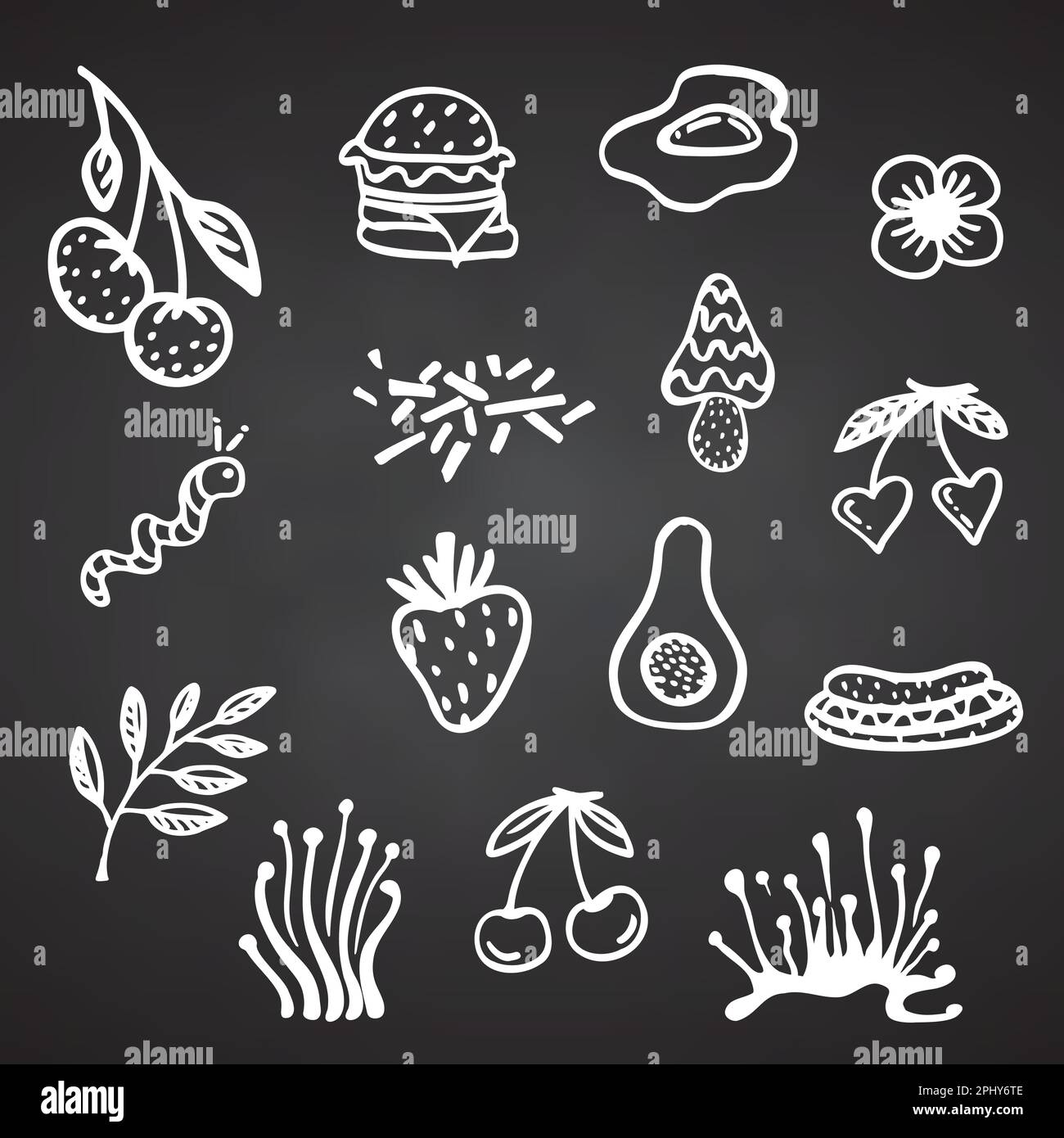 Collection of groove psychedelic food elements. Retro design of hipster ...